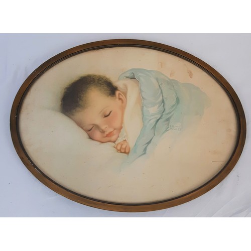 A PAIR OF 1930-40'S LILIAN ROWLES BABY PRINTS IN OVAL FRAMES. 43 X 33cms