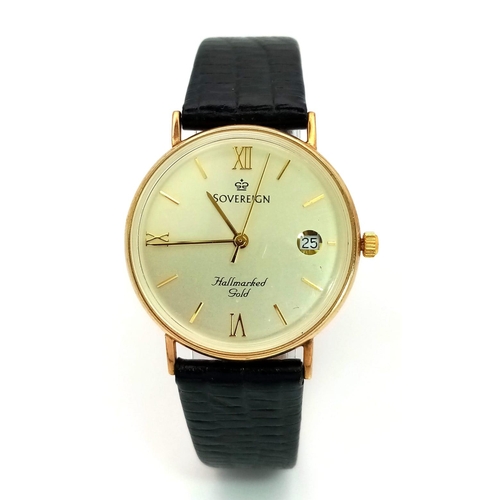 A Sovereign 9K Gold Gents Watch. Original black leather strap. 9K ...