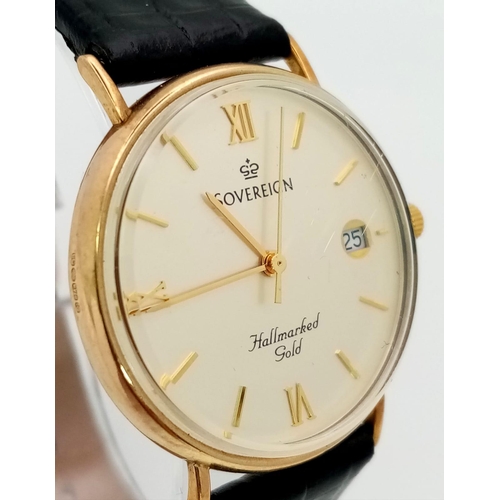 A Sovereign 9K Gold Gents Watch. Original black leather strap. 9K ...