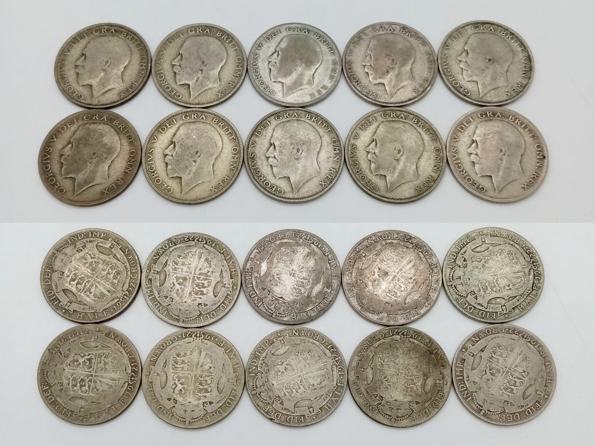 A Parcel of 10 Pre-1947 British Silver Half Crown Coins. Dates 1921 ...