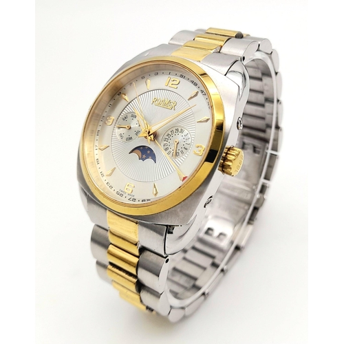 a "roamer" moon phase watch with 2 subdials on a stainless strap ...