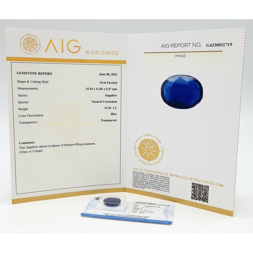 An 11.35ct Blue Sapphire - AIG Milan Certified in a Sealed Container.