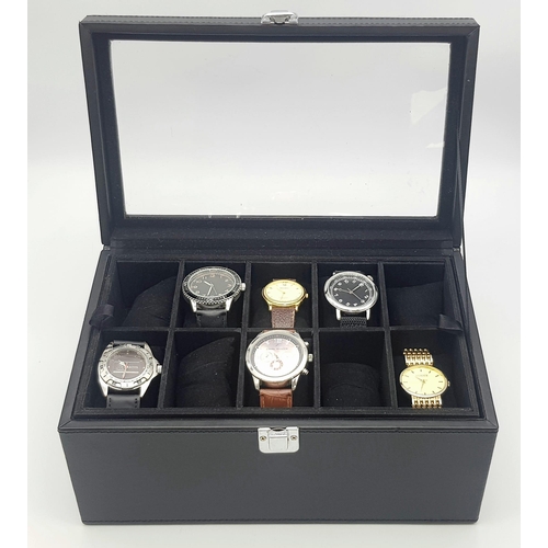 A Black Leatherette 20 Watch Display Box with Six Men’s Used Quartz ...