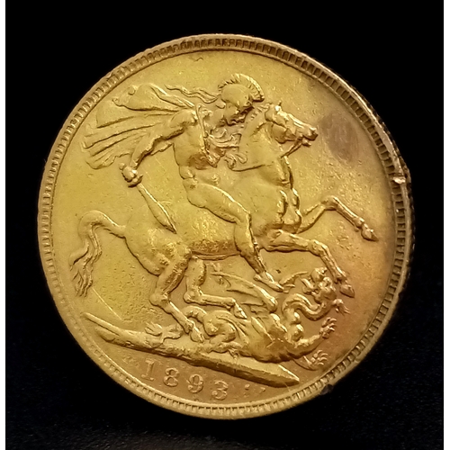 AN 1893 QUEEN VICTORIA OLD HEAD, LONDON MINT, FULL SOVEREIGN COIN. 22K ...