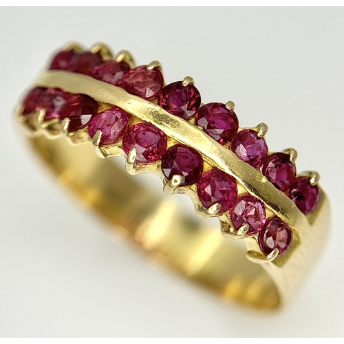 AN 18K YELLOW GOLD TWO ROW RUBY BAND RING. 5G. SIZE U. SC-5095.