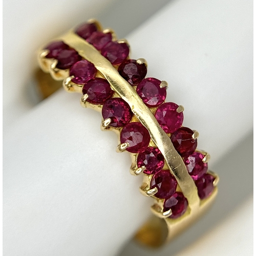 AN 18K YELLOW GOLD TWO ROW RUBY BAND RING. 5G. SIZE U. SC-5095.