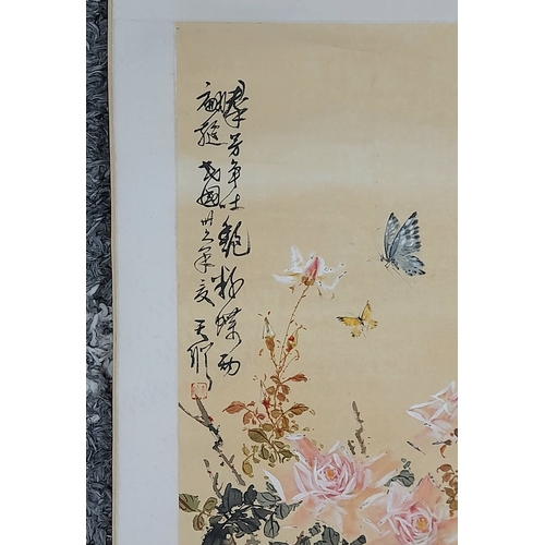 A Vintage Chinese Watercolour Scroll. Nature, floral and butterflies motif.