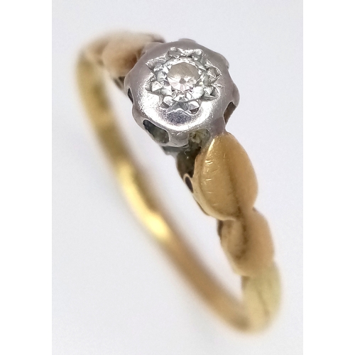 An Antique 18K Gold, Platinum and Diamond Solitaire Ring. Size P. 2.4g.