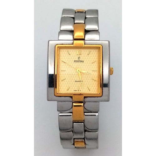 A FESTINA, 2 TONE, SQUARE CHAMPAGNE, HONEYCOMB DIAL, BRACELET WATCH. IN ...