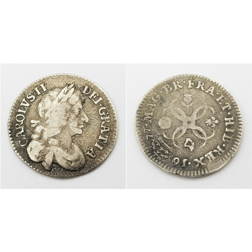 A 1677 Charles II Silver Hammered 4d Coin. S3384