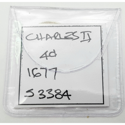 A 1677 Charles II Silver Hammered 4d Coin. S3384