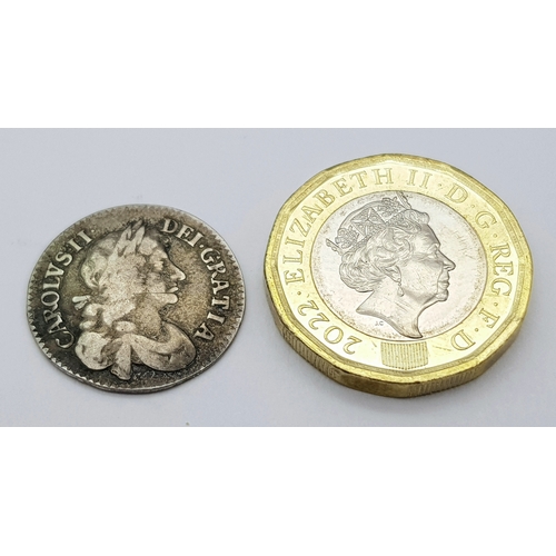 A 1677 Charles II Silver Hammered 4d Coin. S3384