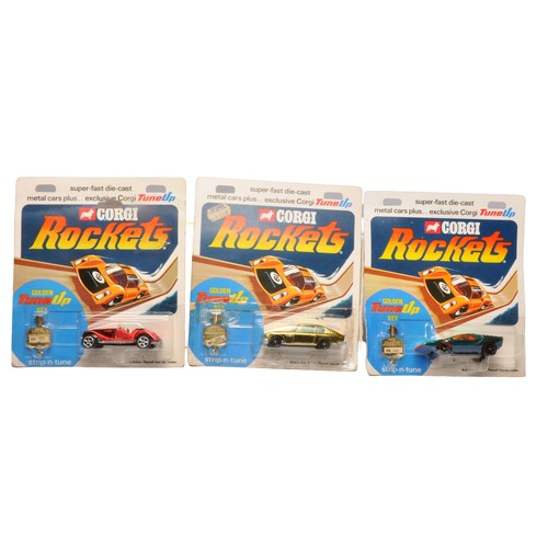 Trio of Corgi Rockets Card issues comprising Carabo, Aston Martin and ...