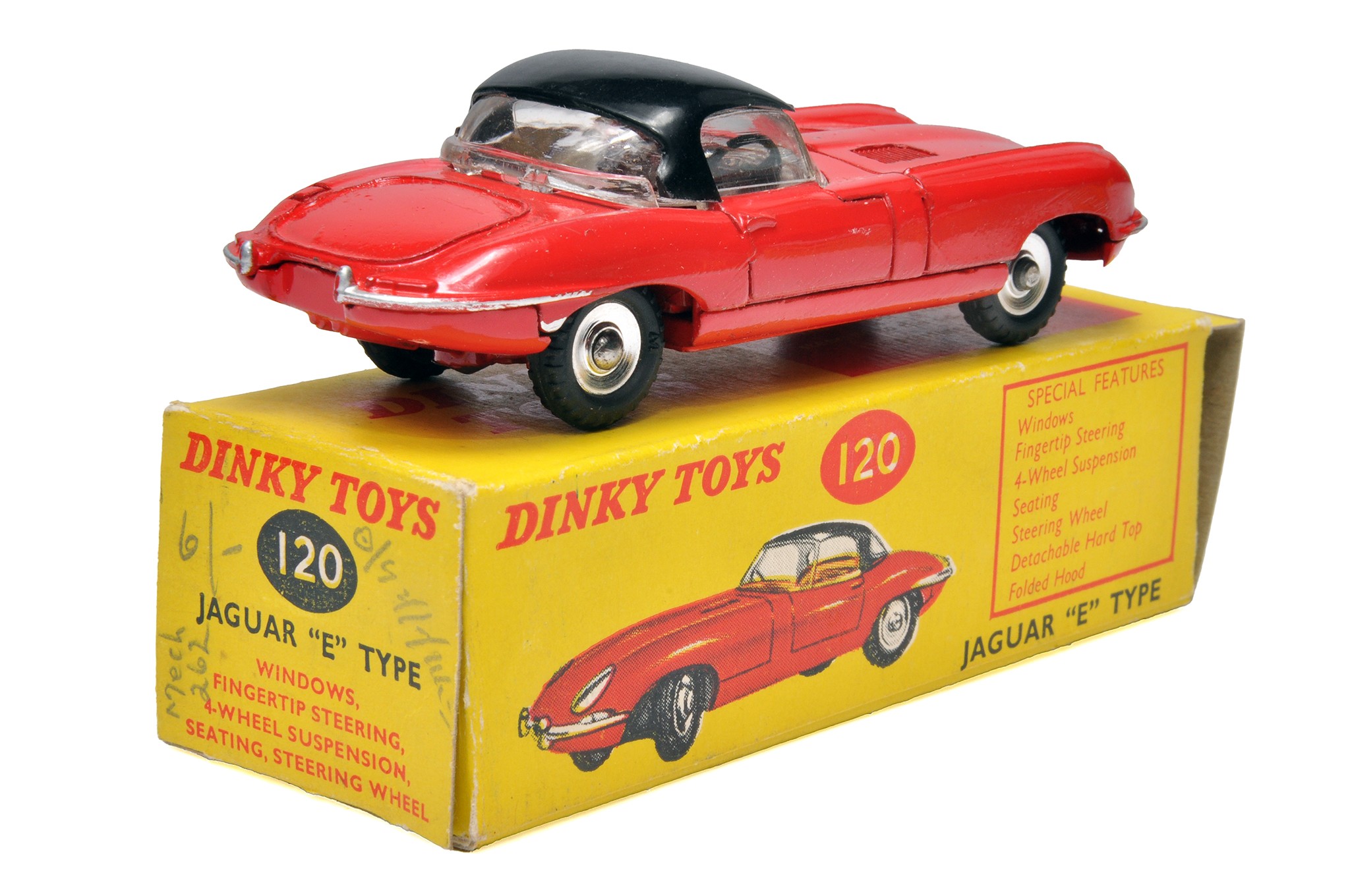 Dinky No. 120 Jaguar Type E. Red body, cream interior and tonneau ...