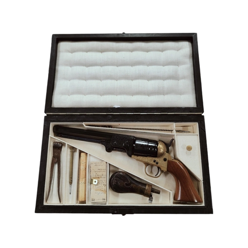 CASED HIGH END REPRODUCTION REVOLVER WITH GENUINE POWDER FLASK, SHOT ...