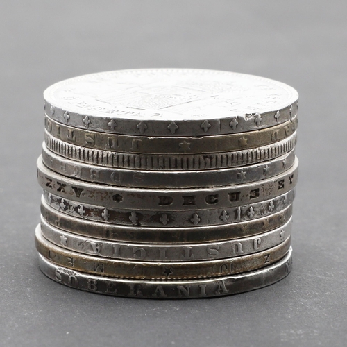 A COLLECTION OF TEN CROWN SIZED SILVER WORLD COINS TO INCLUDE SPAIN AND ...