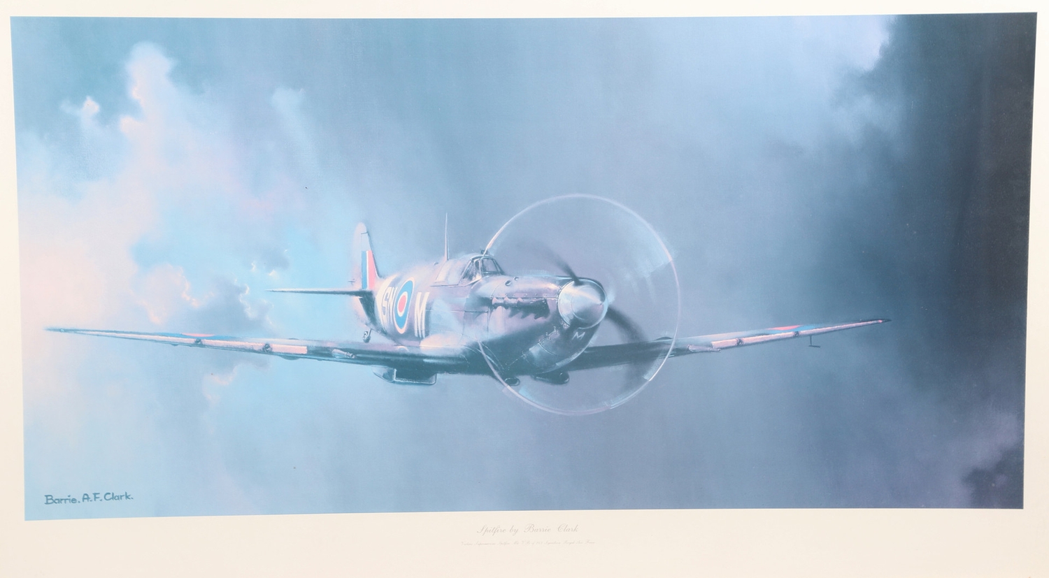 A LARGE COLOUR PRINT OF A SPITFIRE BY BARRIE CLARK, AND A SIMILAR ...