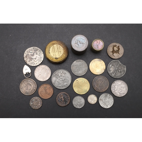 AN INTERESTING COLLECTION OF FAKE COINS AND TWO COIN BOXES. An ...