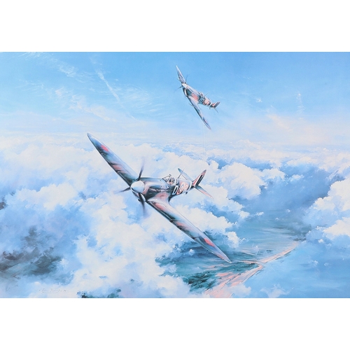 A COLOUR PRINT OF SPITFIRES SIGNED BY DOUGLAS BARDER AND JOHNNIE ...