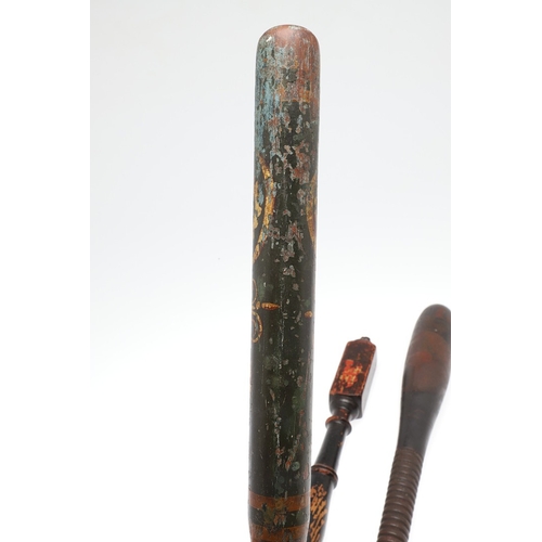 AN UNUSUAL BALUSTER TYPE TRUNCHEON AND TWO OTHERS. Three painted wooden ...
