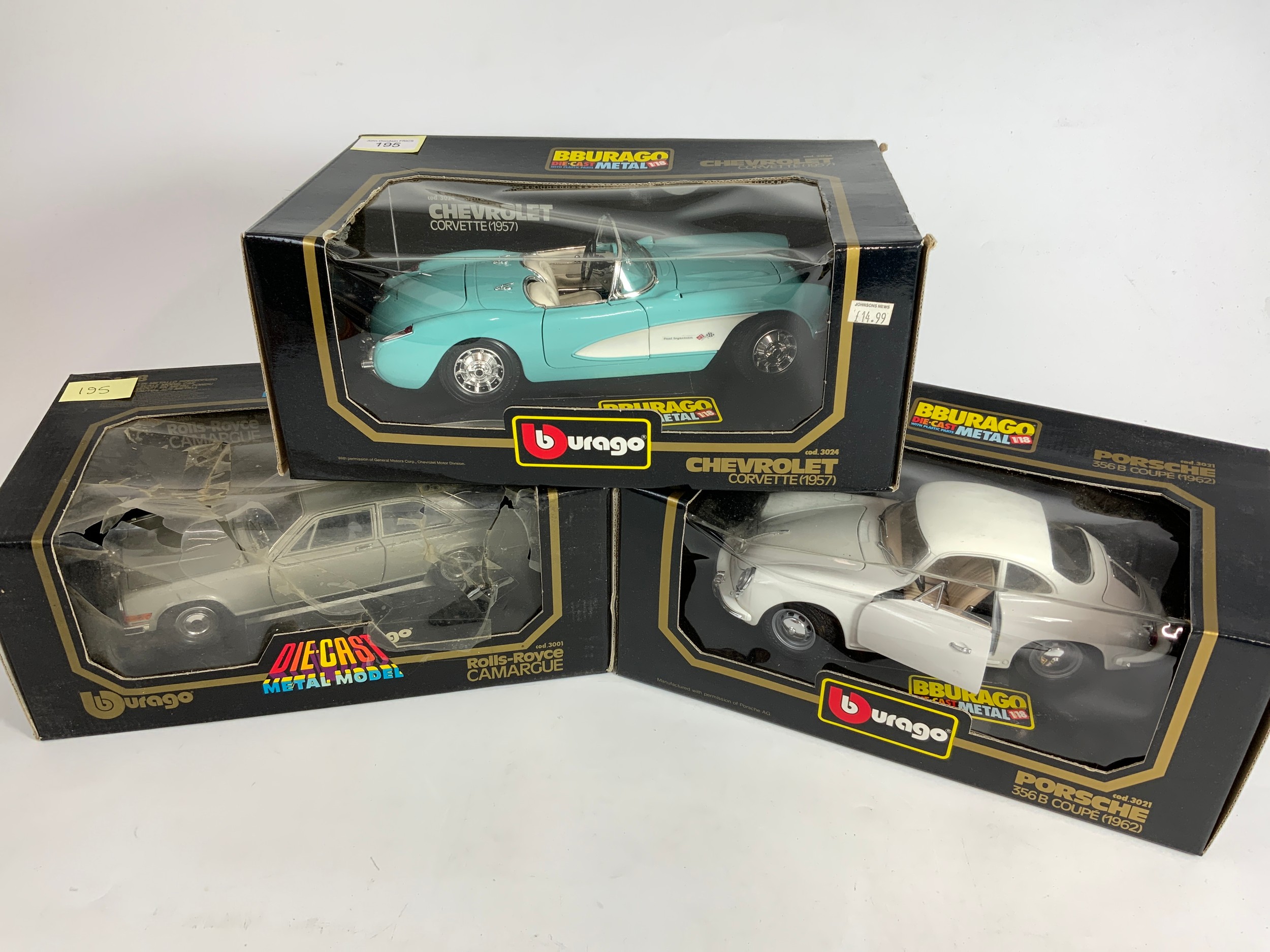3 BOXED BURAGO MODELS, 3024 CHEVROLET CORVETTE 1957, 3021 PORSCHE 356B ...
