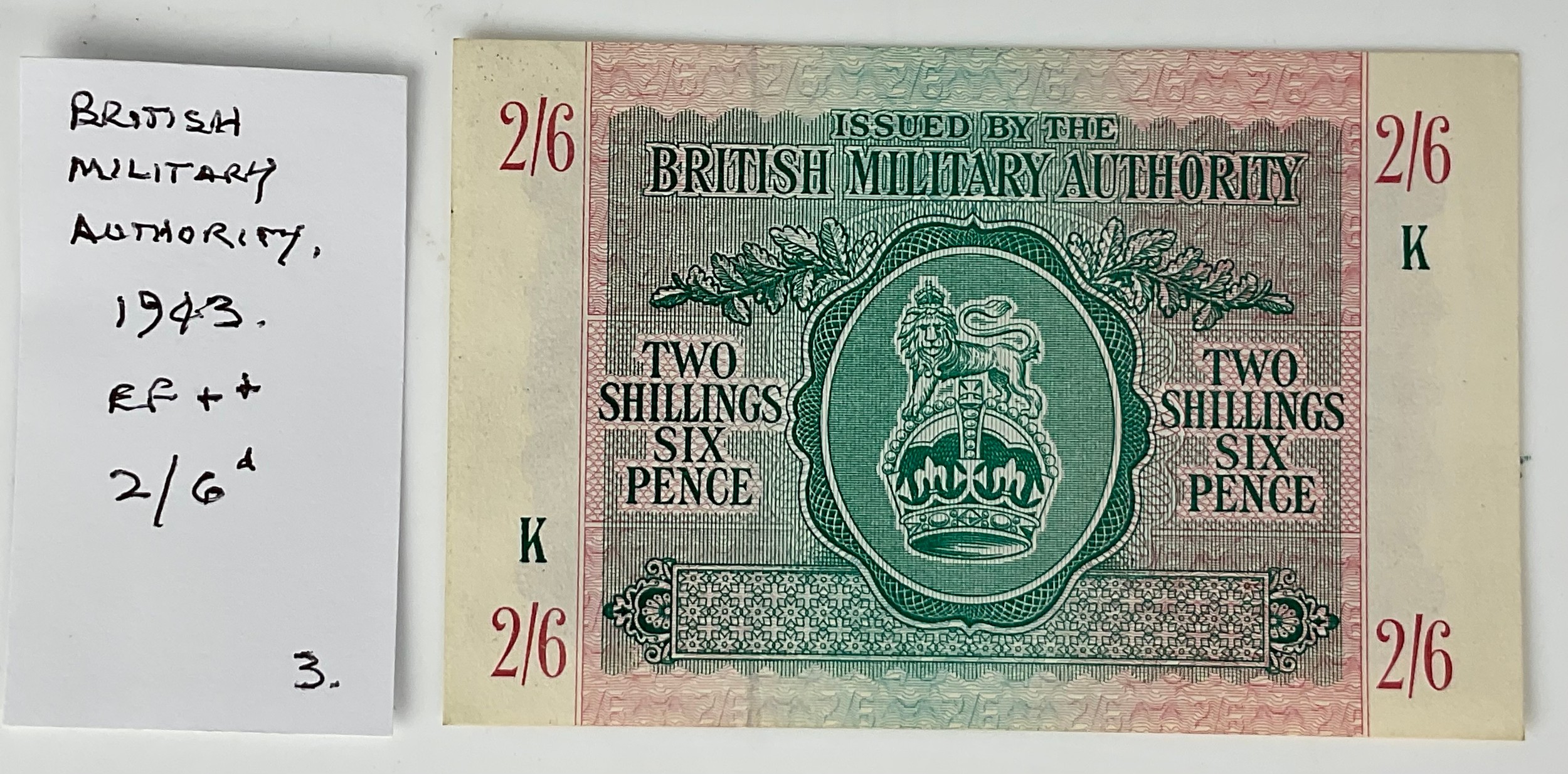 BANK NOTE, BRITISH MILITARY AUTHORITY 1943, 2 SHILLINGS AND SIXPENCE, EF+