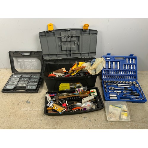 TOOL BOX AND CONTENTS, BOXED SOCKET SET AND A BOX OF SCREWS