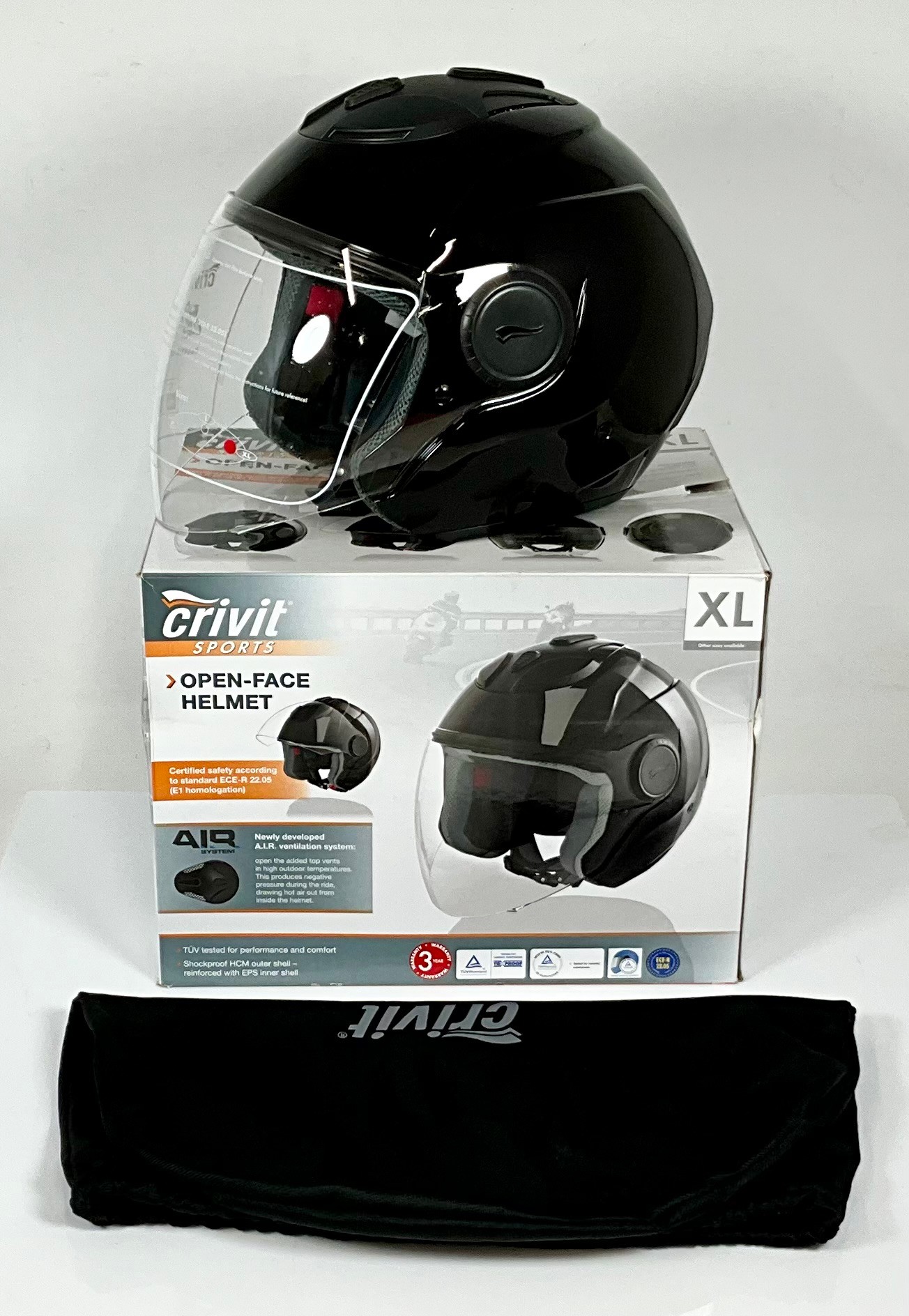 CRIVIT SPORTS OPEN FACE FACE HELMET WITH TAG, ECE-R 22.05 XL BLACK