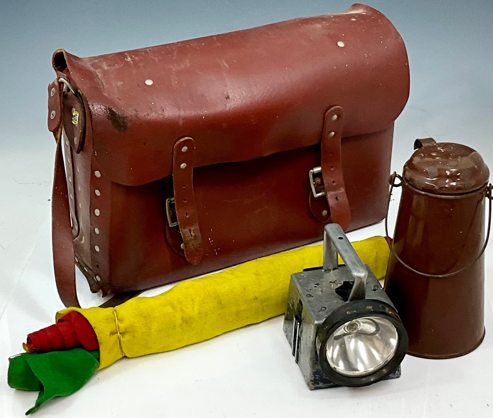 GUARDS LEATHER SATCHEL BAG, THREE FLAGS, TEA CADDY, & A BARDIC 4 ASPECT ...