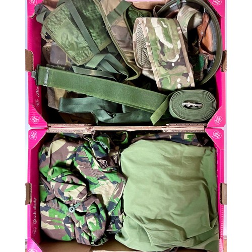 2 TRAYS BRITISH ARMY MILITARY KIT INC. TROUSERS, SHIRT, JACKETS, BAGS ...