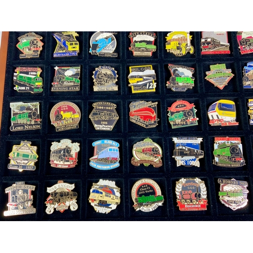A FRAMED COLLECTION OF 50 RAILWAY BADGES, MIXED THEAM, COMMEMMORATIVE ...