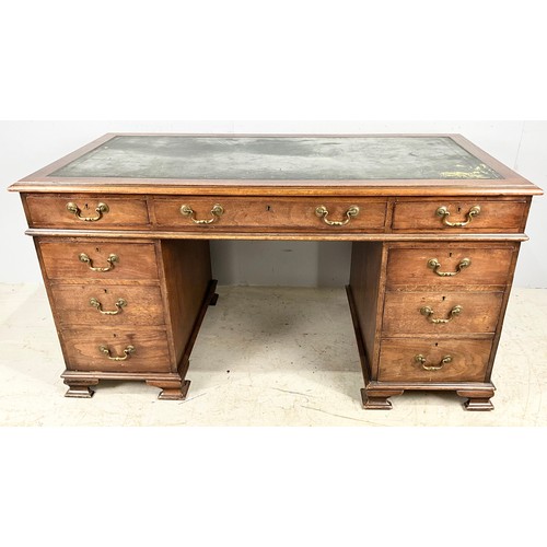 MAHOGANY TWIN PEDESTAL DESK WITH TOOLED LEATHER INSERT TOP 144cm x 71cm