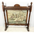 CARVED OAK FIRE SCREEN WITH TAPESTRY OF SAILING SHIPS WIDTH 84cm