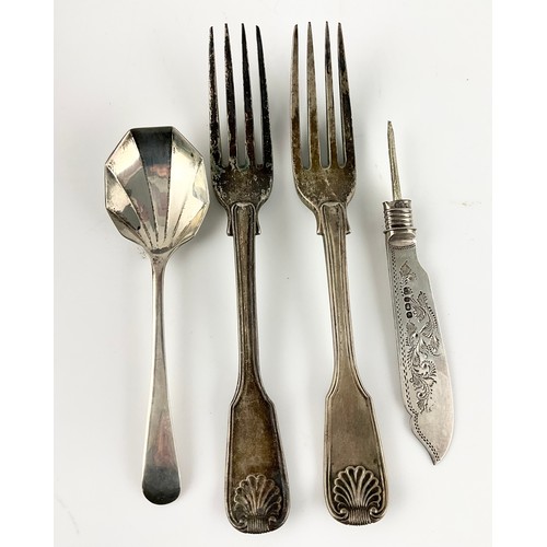 TWO SILVER SHELL PATTERN FORKS, SILVER DESERT SPOON & SILVER BUTTER ...