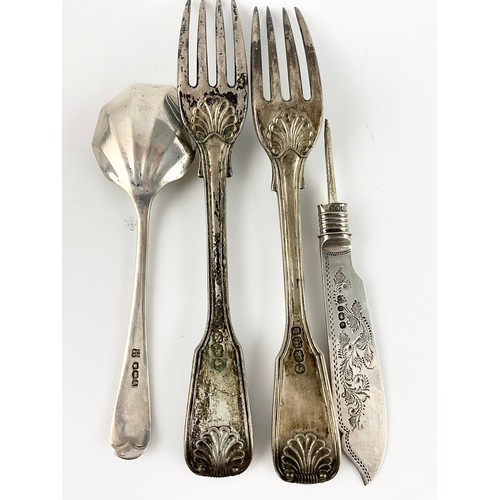 TWO SILVER SHELL PATTERN FORKS, SILVER DESERT SPOON & SILVER BUTTER ...