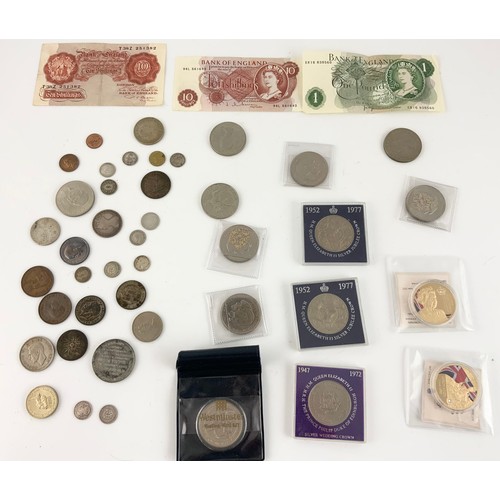 QTY. SILVER AND OTHER COINS AND COMMEMORATIVE TOGETHER WITH 10 SHILLING ...