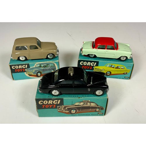 CORGI, 3 BOXED EARLY MODELS 206 HILLMAN HUSKY, 207 STANDARD VANGUARD ...