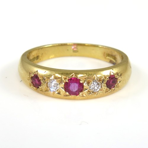 18CT GOLD DIAMOND AND RUBY GYPSY RING, APPROX. 4.4g gross