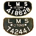LMS, 2 WAGON PLATES : 13 TONS STD 418628, CHIPPED TO RHS, PAINTED FACE ...