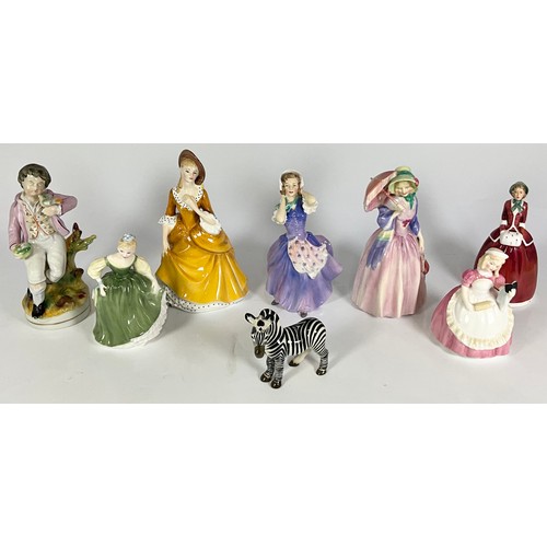 FIVE ROYAL DOULTON FIGURINES, A CONTINENTAL FIGURE, A BESWICK ZEBRA AND ...