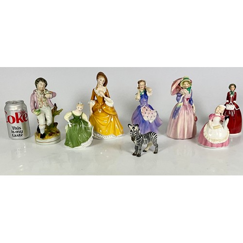 FIVE ROYAL DOULTON FIGURINES, A CONTINENTAL FIGURE, A BESWICK ZEBRA AND ...