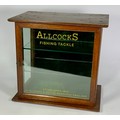 A WOODEN ADVERTISING DISPLAY CASE WITH OPENING FRONT , ALLCOCKS FISHING ...