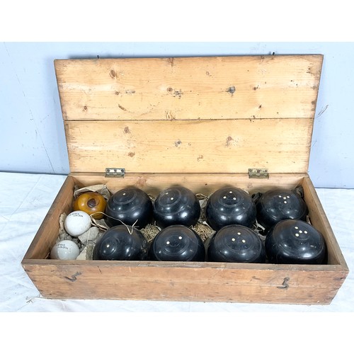 ANTIQUE BOX SET OF LIGNUM VITAE GARDEN BOWLS WITH 2 POTTERY BOWLS ...
