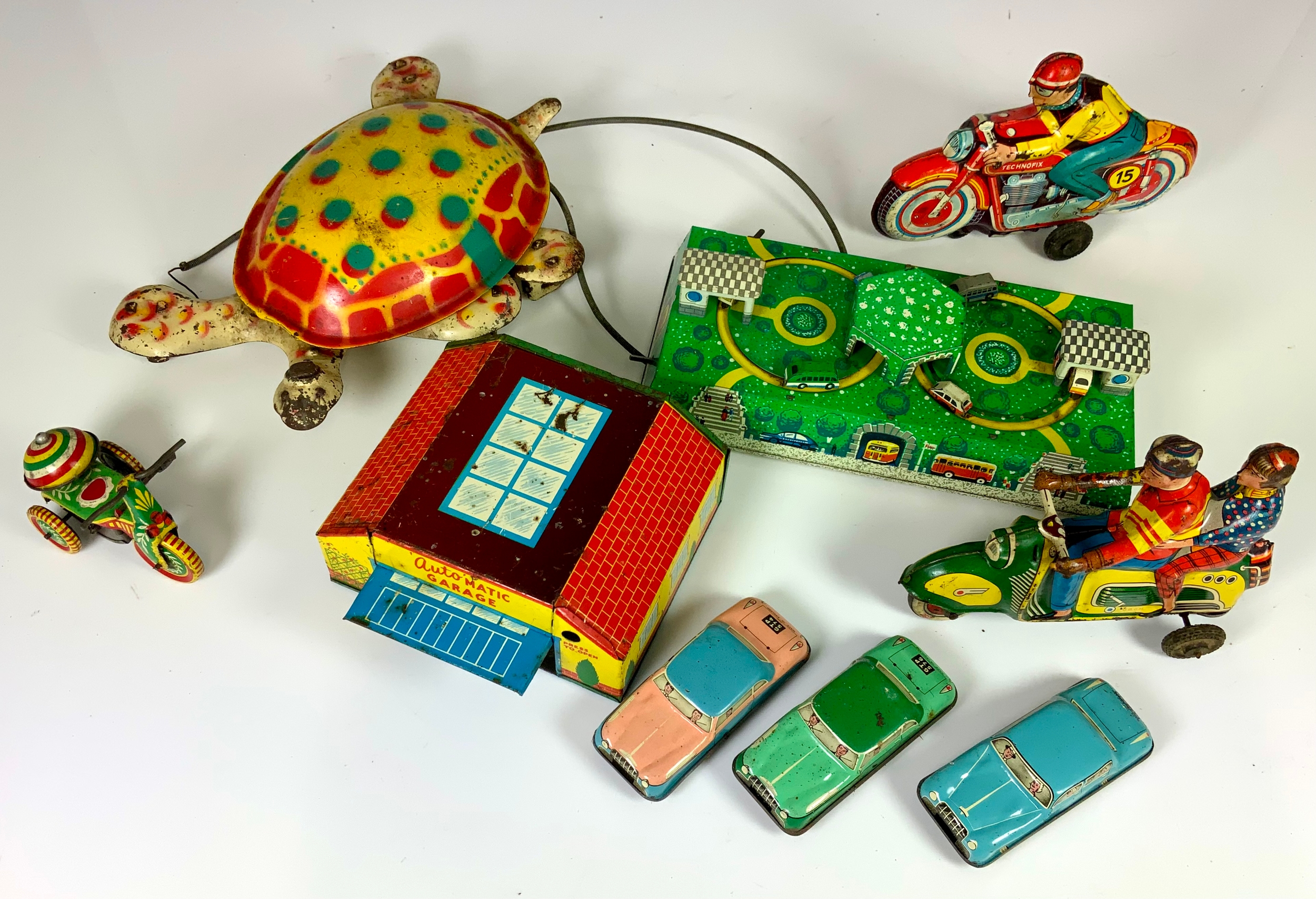 TIN TOY SELECTION, TECHNOFIX MOTORCYCLE, DBGM SCOOTER, SMALL TRICYCLE ...