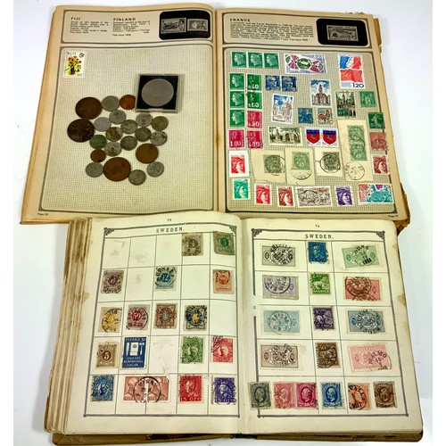 2 WORLD STAMP ALBUMS, WITH MOUNTED & STUCK STAMPS, PLUS A FEW SUNDRY COINS