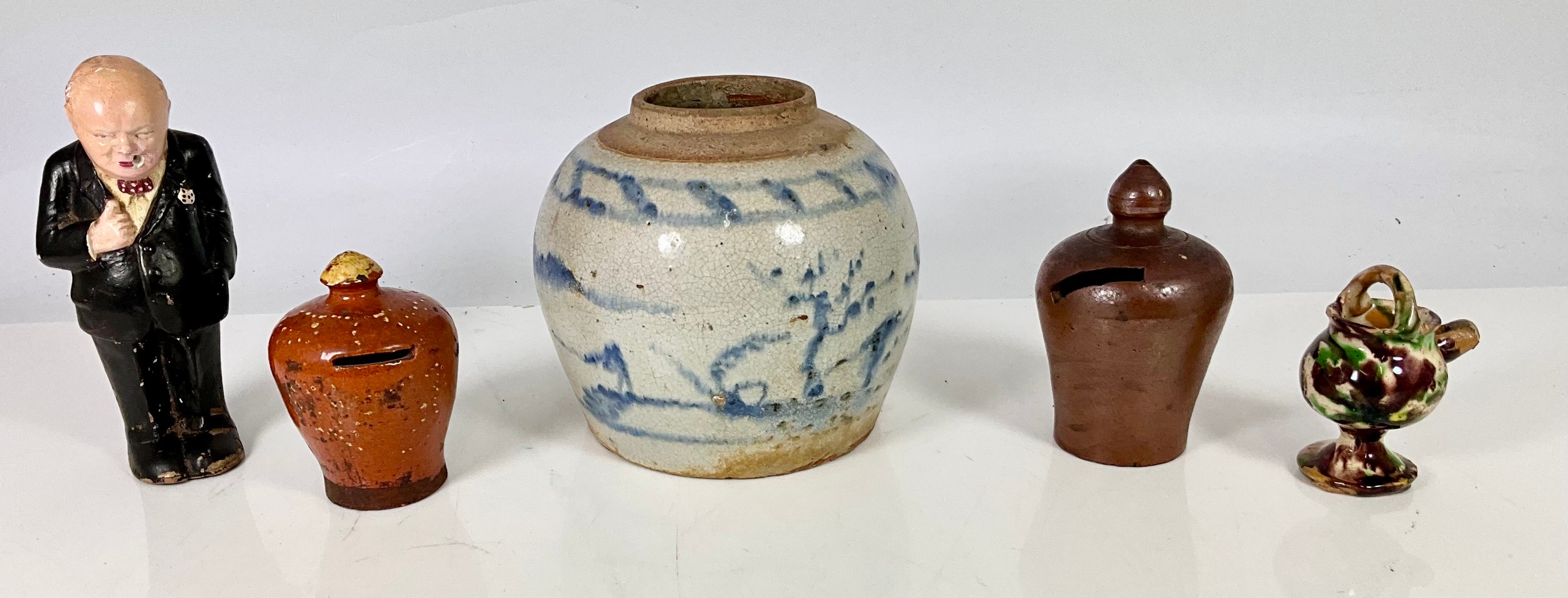 TWO ANTIQUE SALT GLAZED STONEWARE MONEY BOXES, AN ANTQUE GINGER JAR ...