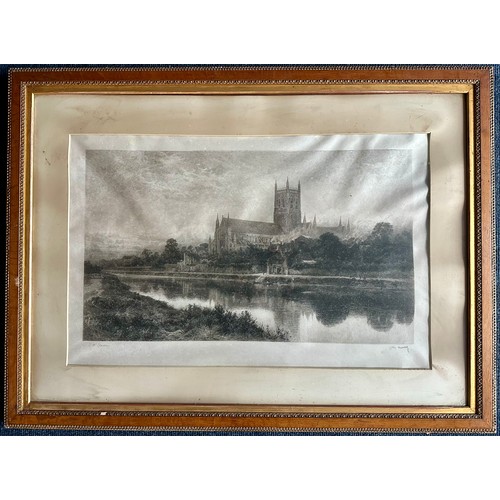 LARGE FRAMED B.W.LEADER PRINT DEPICTING A RIVERSIDE CATHEDRAL