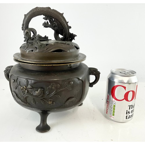 ORIENTAL CAST KORO / INCENSE BURNER WITH EMBOSSED PANELS AND DRAGON ...