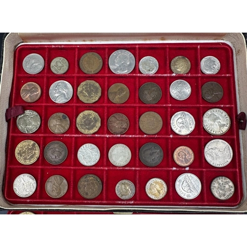 A coin collectors box with four trays of worldwide coins, various ...
