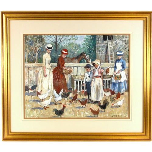 Tom Durkin (British, 1928-1990), A farmyard scene with a family feeding ...